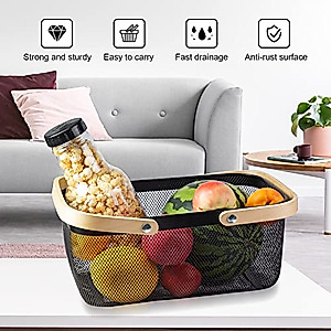 MACOIOR Portable Garden Basket-Mesh Design Natural Bamboo Handle Wire Storage Baskets,Mesh Basket with Handle Organize Items Reduce Space Occupation,Suitable for Kitchen,Garden,Picnic(Black)
