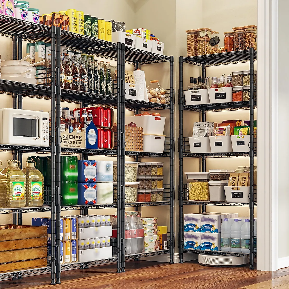 REIBII 5-Tier Storage Shelves Wire Shelving Unit with Side Blockers Adjustable Metal Shelves for Storage Rack with 5 Hooks & Shelf Liners Metal Shelving for Small Space, Kitchen Bathroom Closet Pantry