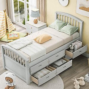Merax Twin Size Platform Storage Bed Solid Wood Bed with 6 Drawers, Multifunctional Loft Bed for Kids Boys&Girls No Box Spring Needed