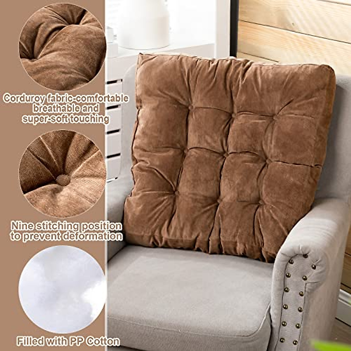 Qunclay 4 Pcs Sitting Floor Pillow 22 x 22 Inches Thicken Tufted Cushion Corduroy Floor Cushions for Adult Square Floor Seat Cushion Large Chair Pad Pillow for Yoga Living Room Balcony (Dark Brown)