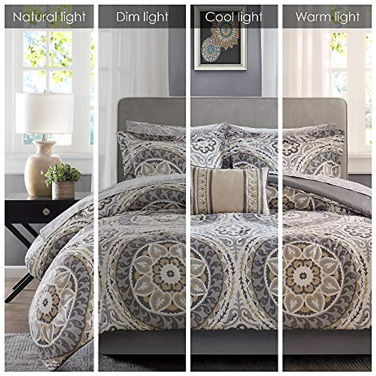 Madison Park Essentials Serenity Bed in a Bag Comforter Set, Medallion Damask Design, All Season Bedding with Cotton Sheet Set, Bedskirt, Queen(90"x90"), Taupe 9 Piece