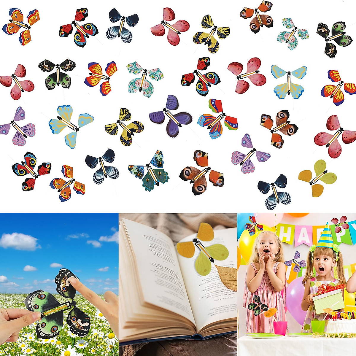 Chenkaiyang 40 Pcs Magic Flying Butterfly, Fairy Flying Toys Rubber Band Powered Wind Up Flying Butterfly Flying Butterfly Cards Butterfly Toy for Book Card Birthday Surprise Gift (20 Styles)