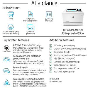 HP Laserjet Enterprise M455dnA Single-Function Wired Color Laser Printer for Home Office, White - Print only - 2.7" Touchscreen, 29 ppm, Automatic Duplex Printing, Ethernet, Cbmou External Webcam