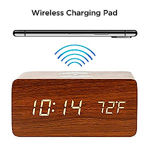 OCT17 Alarm Clock with Qi Wireless Charging Pad Compatible with iPhone Samsung Wood LED Digital Clock Sound Control Function, Time Date, Temperature Display for Bedroom Office Home- Brown
