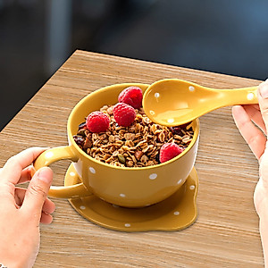 Youeon Set of 2 Jumbo Coffee and Soup Mug Set, 16 Oz Porcelain Oatmeal Mug with Lid and Spoon, Large Cereal Mugs, Multi Purpose Wide Mug for Breakfast, Cereal, Milk, Coffee, Hot Cocoa, Fruit