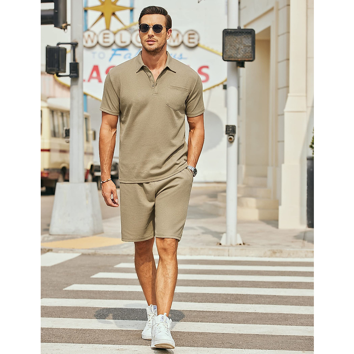 COOFANDY Men's Waffle Knit Polo Shirt and Shorts Set 2 Pieces Outfits Summer Suit Casual Tracksuit with Pockets