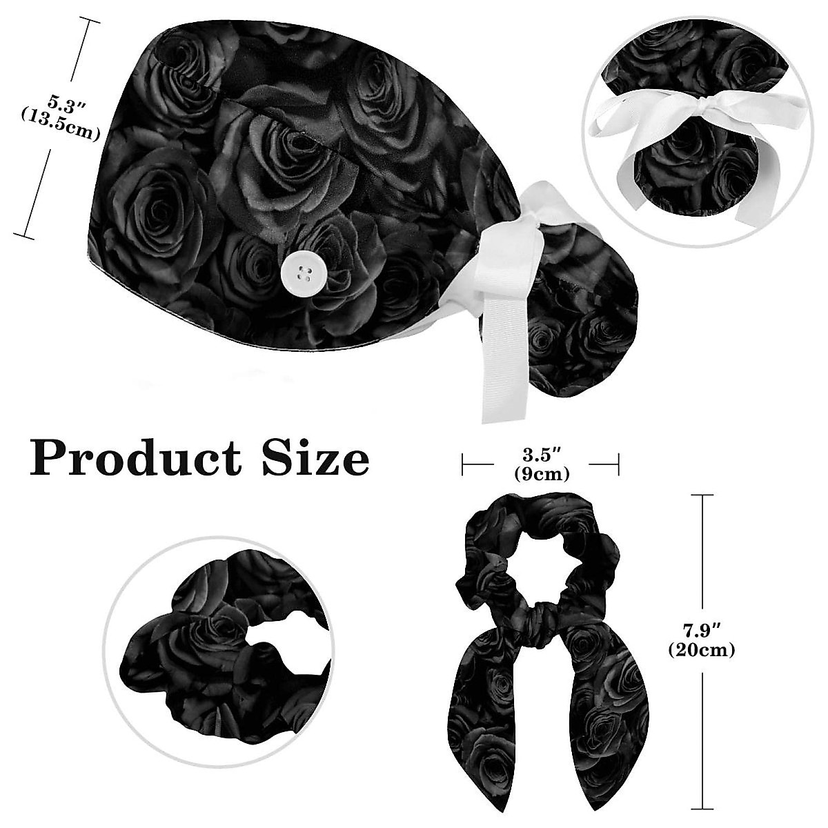 Adjustable Black Roses Scrub Cap, Working Hat Hair Cover with Ponytail Pouch, Soft Bouffant Surgical Nurse Cap