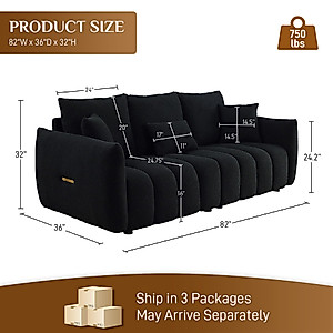 Wrofly 82" Teddy Cloud Sofa Couch, Comfy Upholstered Sherpa Deep Seat Boucle Sofa, Cozy Modern 3 Seater Couch with 3 Pillows, Oversized Loveseat for Living Room Apartment Office, Black