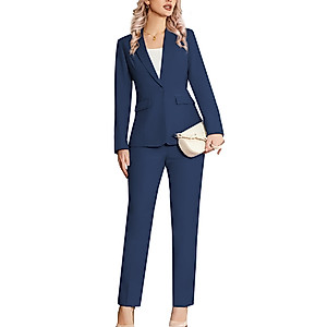 Kelyaa Women's 2 Piece Suit Notched Lapel One Button Slim Fit Business Office Work Tuxedo Blazer Pants Set Navy Blue