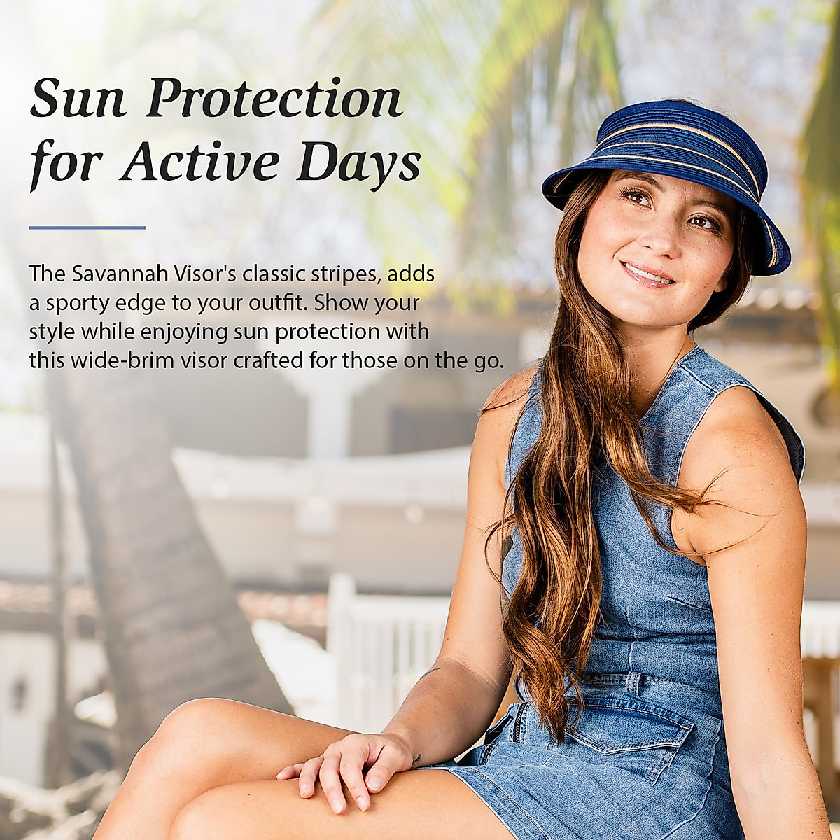 Wallaroo Hat Company Women’s Savannah Sun Visor Wide Brim, Packable Design and Adjustable Sizing for Medium Crown Sizes Versatile Style for Beach, Sports and Casual Summer Looks (Navy/Camel)