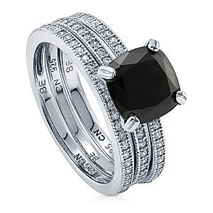 BERRICLE Sterling Silver Solitaire 3 Carat Black Cushion Cut Cubic Zirconia CZ Stackable Fashion Ring Set for Women, Rhodium Plated Size 7