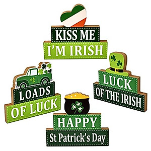 4 St Patrick's Day Wooden Table Decorations Centerpieces Blocks Shamrock Clover Irish Patty's Tiered Tray & Table Top Sign Decor for Office Dining Room Mantle Home Wood Saint Patrick Party Supplies