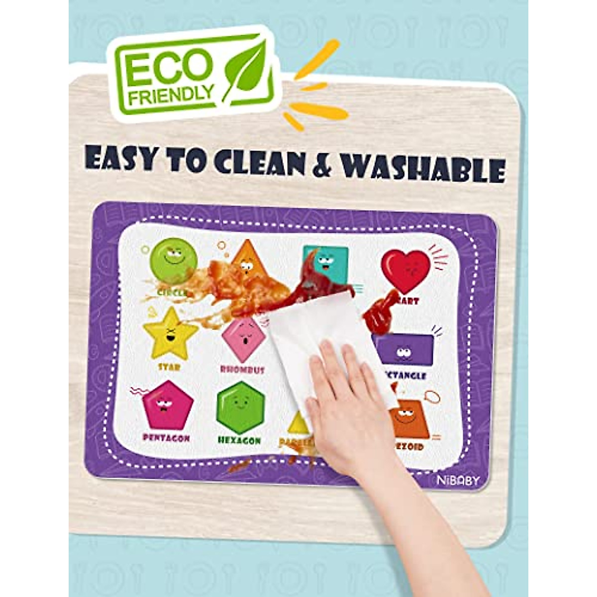 NiBaby Kids' Non Slip Educational Placemats Set of 4 Washable, Children's Interactive Placemats Foldable, Toddler Placemats for Learning Alphabet, Numbers, Shapes, Colors- Durable Reusable PU Leather