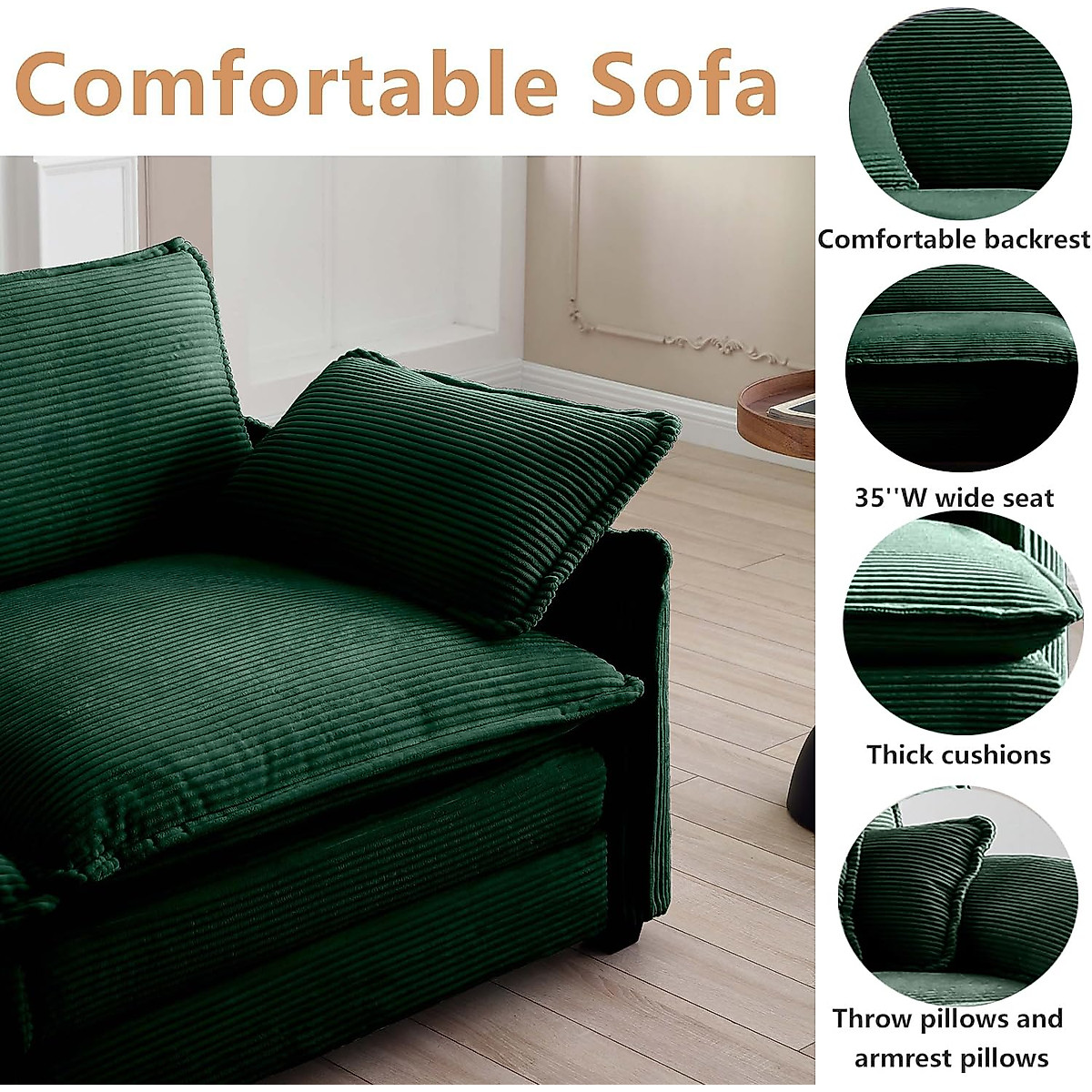 Imseigo Modern Sectional Sofa Modular Deep 2-Seat Sofa Couch, Corduroy Sofa Set Sleeper Comfy Upholstered Furniture for Living Room, Office (Green, 2 Seater)