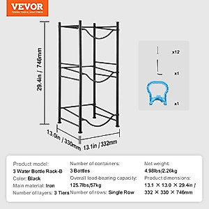 VEVOR 5 Gallon Water Jug Holder, 3 Tiers Water Bottle Holder, Heavy Duty Water Bottle Rack with 3 Slots, Detachable Water Jug Stand for Kitchen, Office, Living Room- Black