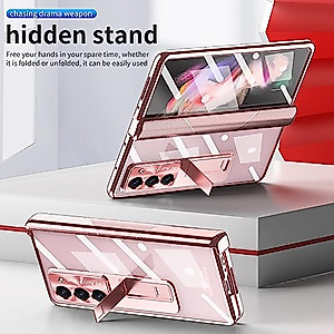 PUROOM for Samsung Galaxy Z Fold 5 Hinge Coverage Protective Case Transparent Plating PC with Pen Holder Kickstand Screen Protector All-Inclusive Case (z fold 5, Rose Gold)