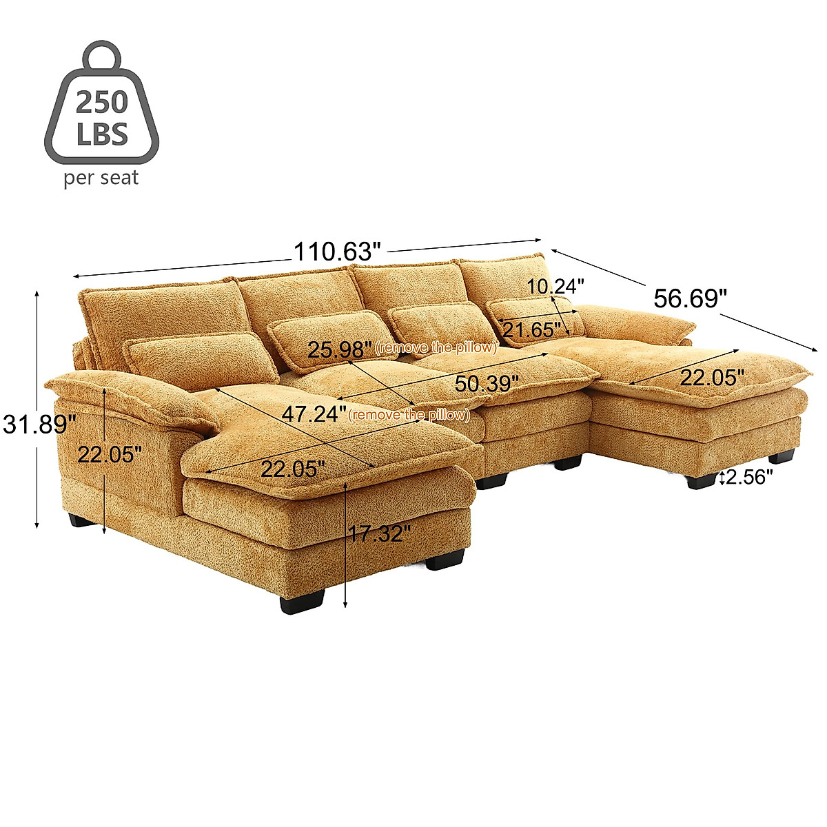GNIXUU 110" Sectional Sofa Cloud Couch for Living Room, Modern Chenille U Shaped Couch, Comfy Modular Sofa Sleeper with Double Chaise & Memory Foam(Mustard Yellow)