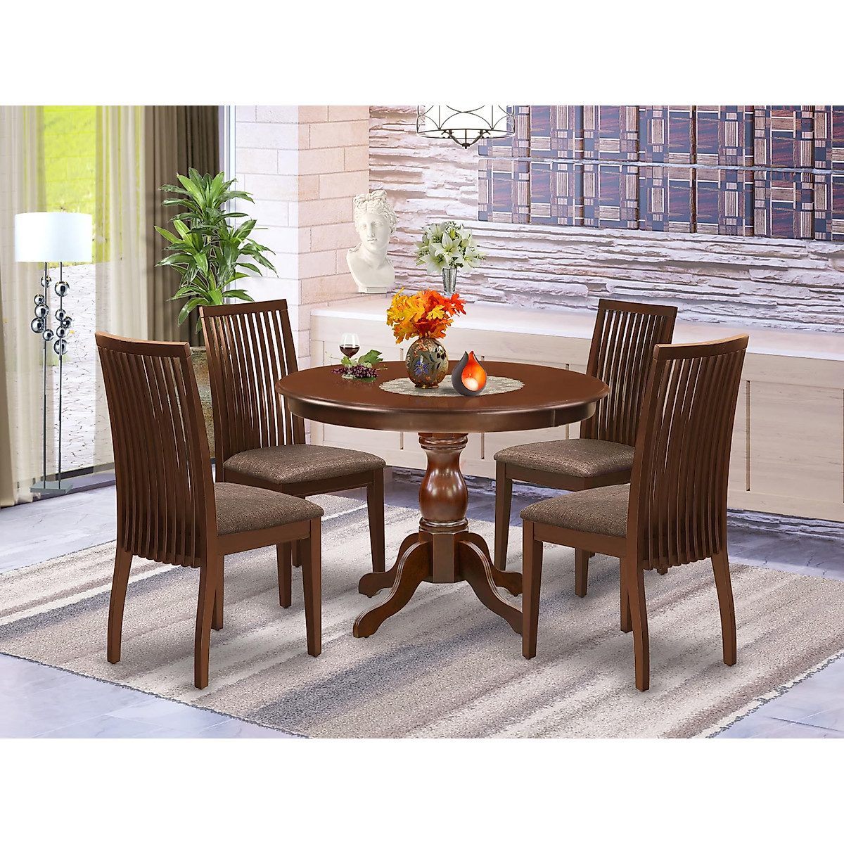 East West Furniture HBIP5-MAH-C 5 Piece Dinette Set for 4 Includes a Round Dining Room Table with Pedestal and 4 Linen Fabric Upholstered Dining Chairs, 42x42 Inch, Mahogany