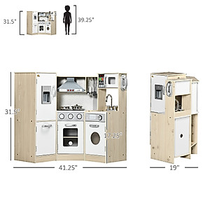 Qaba Ultra-Big Corner Kids Kitchen Playset with Sound Effects, Wooden Play Kitchen with Stainless Steel Cooking Toys, Imaginative Pretend Toy for Ages 3-6 with Phone, Ice Maker