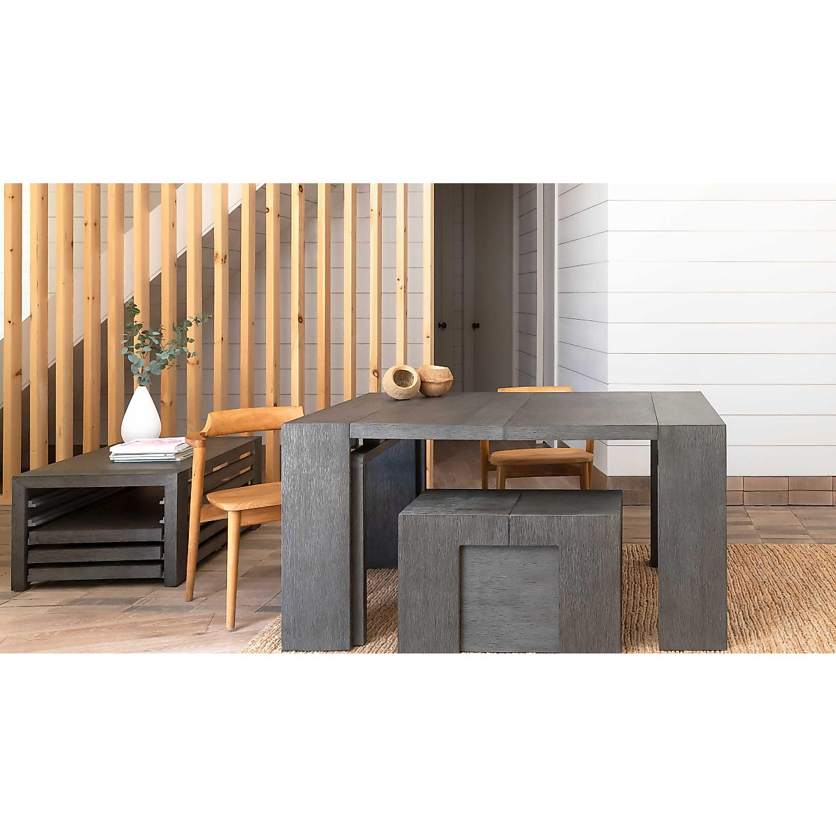 Transformer Table Dining Room Table for 2 to 12, Expandable Dining Table, Coffee Table with Storage Panels Included, Space Saving Furniture (Dark Grey, Table + Bench + Coffee Table)