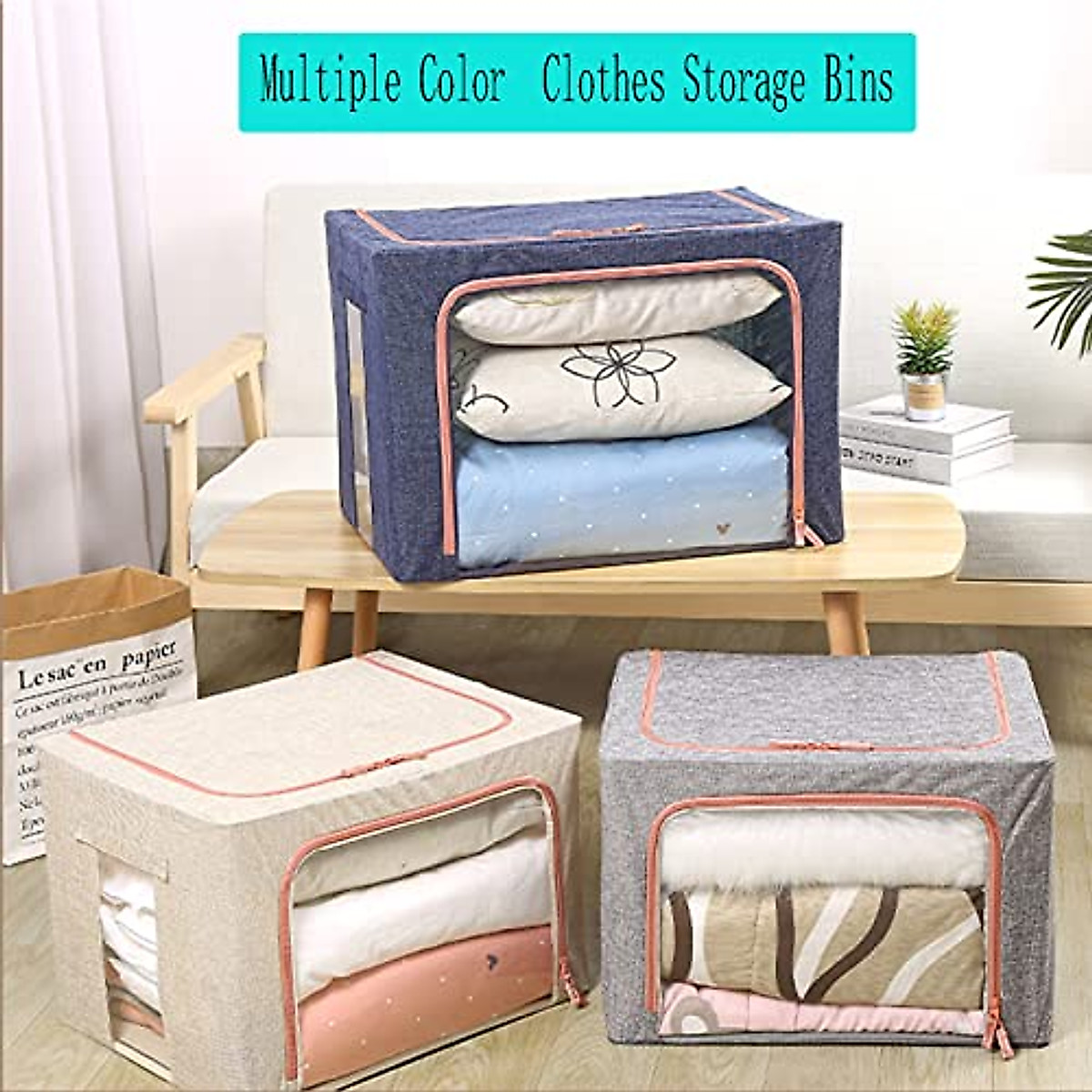 OJIMO Foldable Clothes Storage Bins 2 Pack,Stackable Metal Frame Storage Box w/Reinforced Handle, Stackable Thick Linen Fabric Closet Organizer Set with Clear Windows, Sturdy Zippers(15.4x11.4x7.9in)