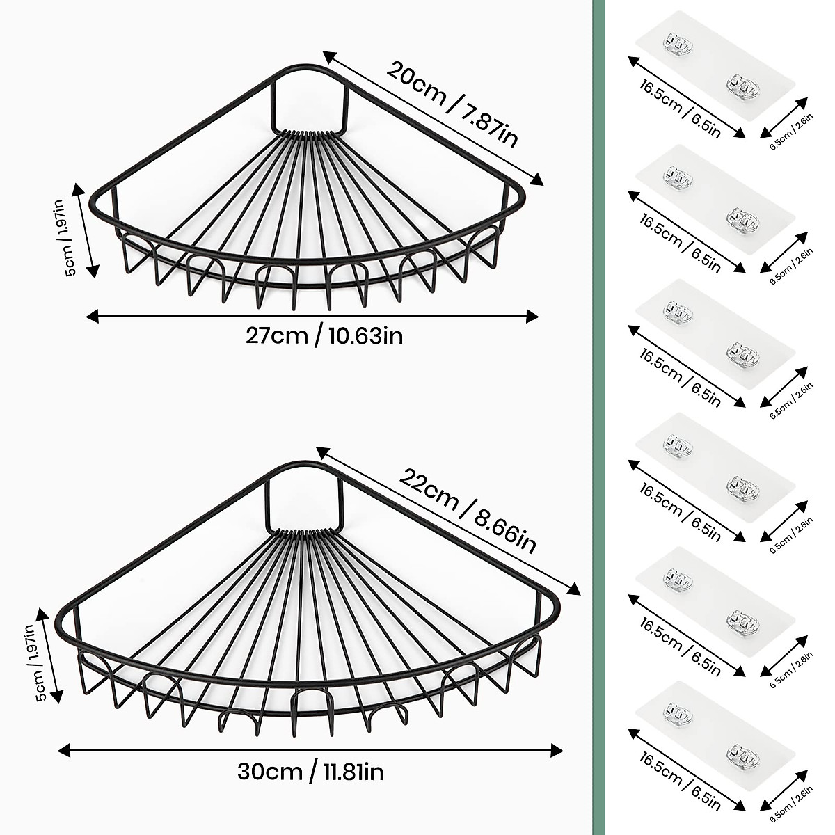 COSYLAND Corner Shower Shelf Set of 2, Stainless Steel 304, Shower Basket without Drilling, for Bathroom/Kitchen/Bedroom, with Self-Adhesive Mat, 4 Pieces and 2 Hooks, Black