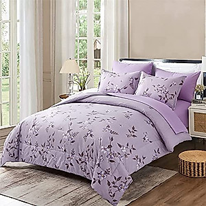 Yiran 7 Pieces Bed in a Bag Purple Botanical Plant Flowers Comforter Set Soft Microfiber Bedding Queen Comforter Sets with 1 Comforter 2 Pillowshams 1 Flat Sheet 1 Fitted Sheet and 2 Pillowcases