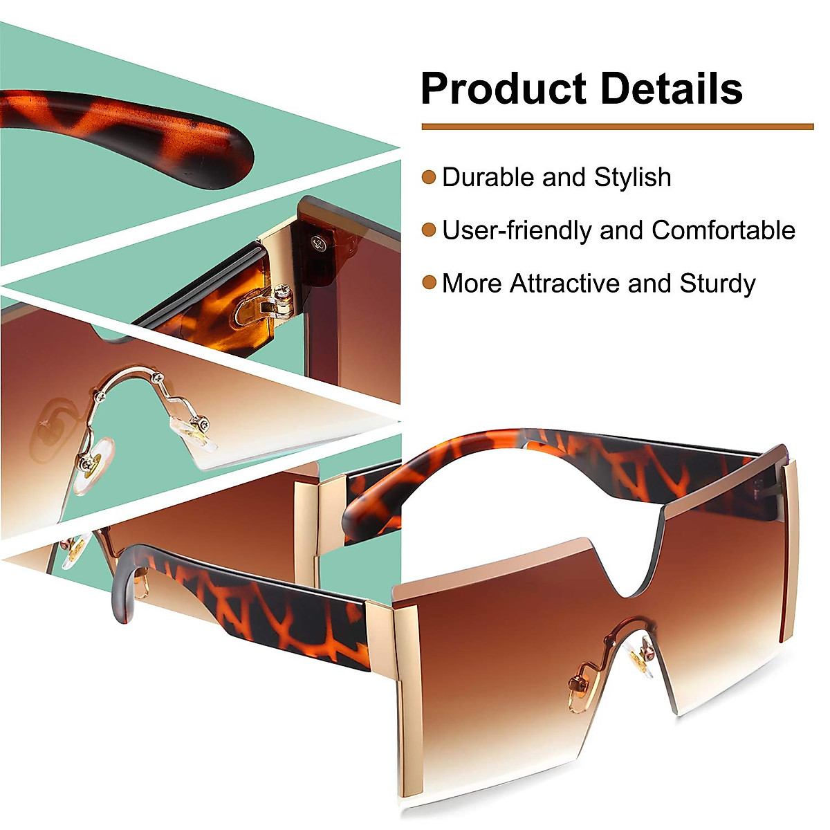 Frienda 3 Pieces Oversized Square Sunglasses for Women Trendy Fashion Rimless Frame Glasses Transparent Eyewear (Silver, Brown, Gray and Pink)