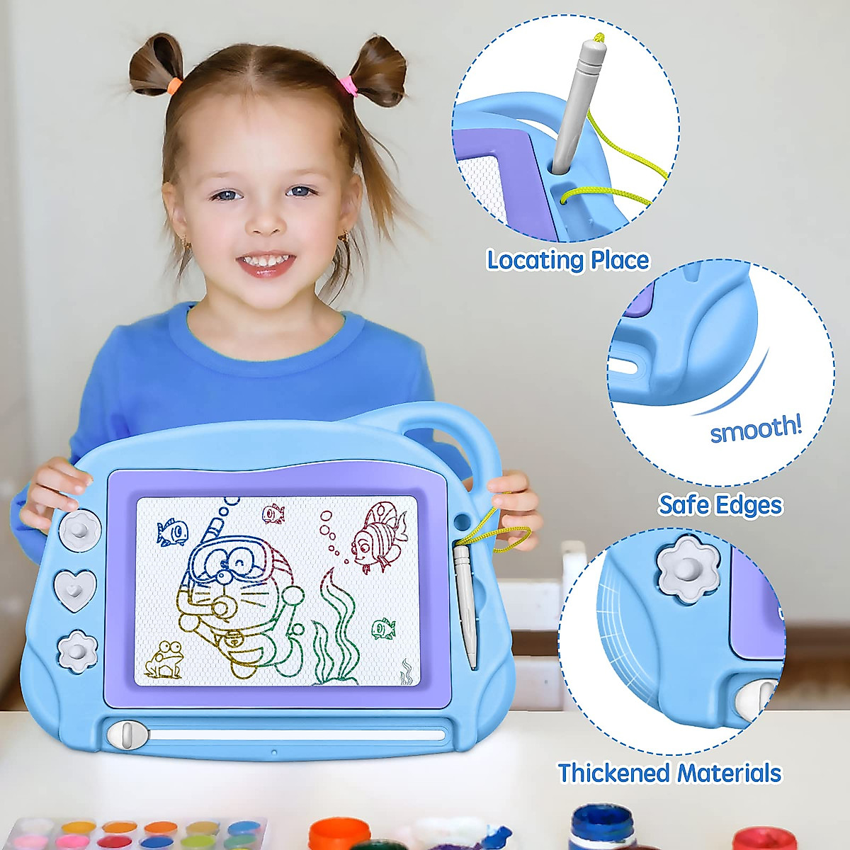 AiTuiTui Magnetic Drawing Board Mini Travel Doodle, Erasable Writing Sketch Colorful Pad Area Educational Learning Toy for Kid/Toddlers/Babies with 3 Stamps and 1 Pen (Sky Blue)