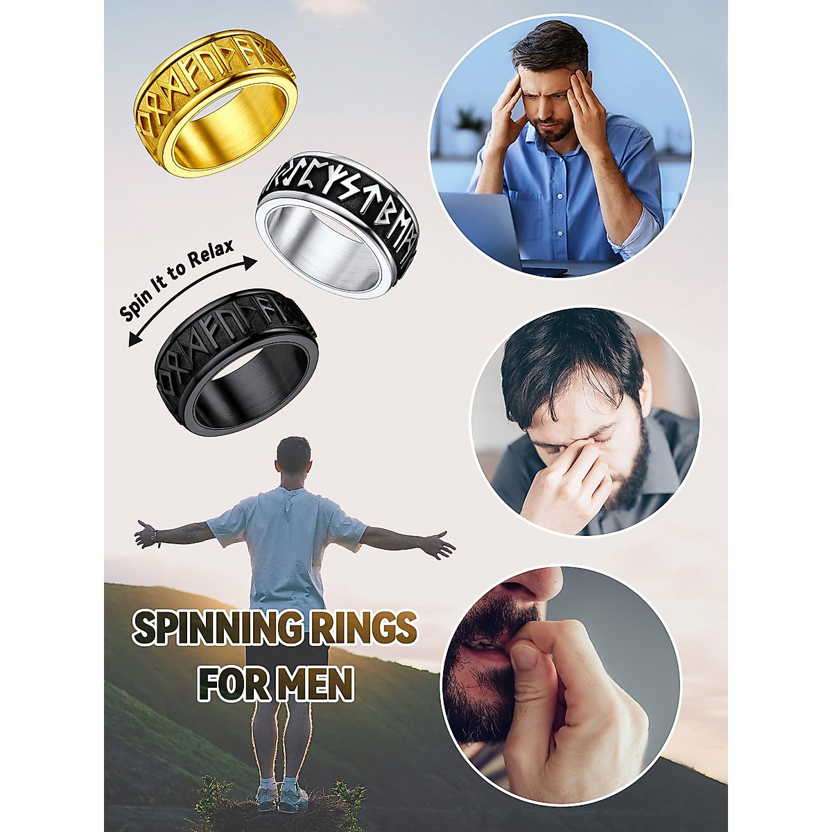 Scandinavia Viking Rune Band Thumb Rings, Black Punk Pinky Ring for Male, Women Spinner Stackable Finger Acccessories