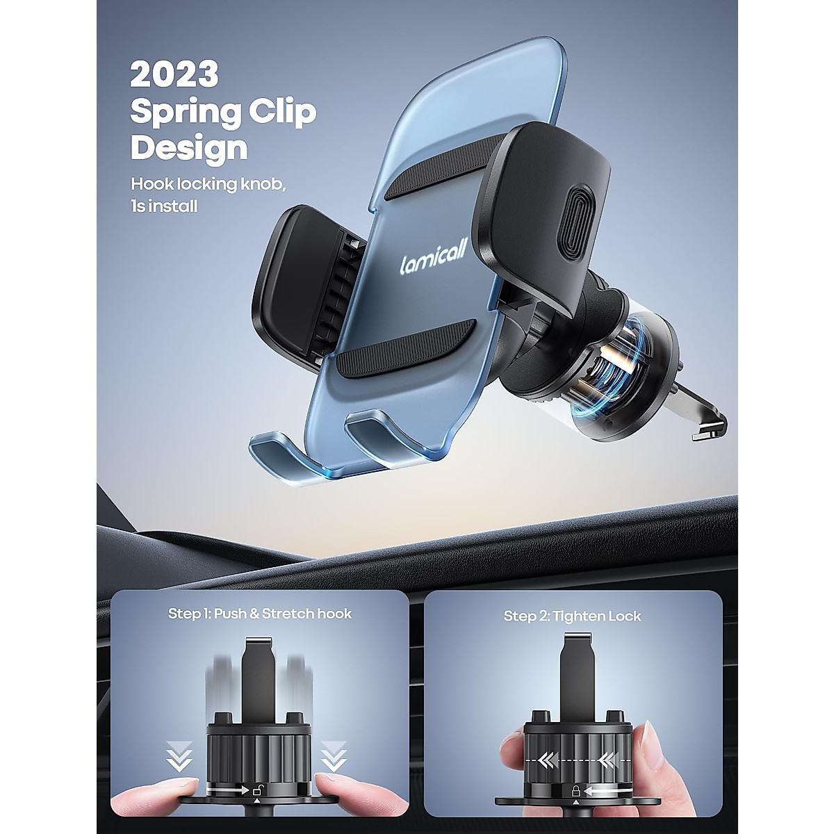 Lamicall Phone Holder Car Vent - Upgraded Spring Clip [Big Phone Friendly] Air Vent Cell Phone Mount for Car Hands Free Automobile Cradle Clip for iPhone, Android Smartphone, 4" to 7" Phone -Blue
