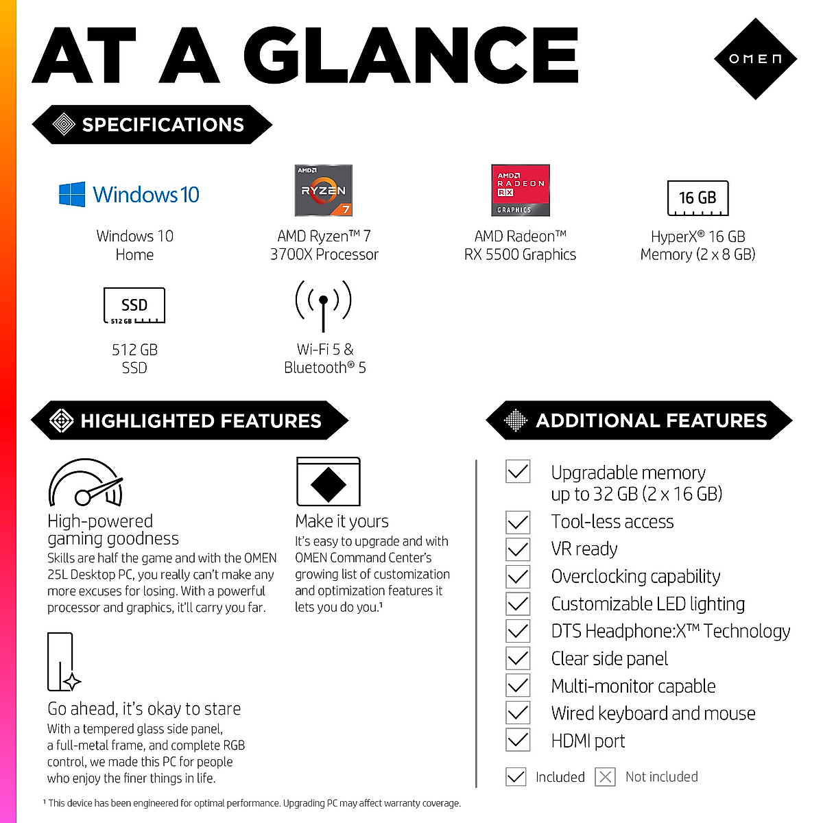 OMEN - GT12-0030 25L Gaming Desktop PC, AMD Radeon RX 5500, AMD Ryzen 7 3700X, HyperX 16GB DDR4 RAM, 512GB PCIe NVMe SSD, Windows 10 Home, VR Ready, RGB Lighting (GT12-0030, 2020 Model) Shadow Black