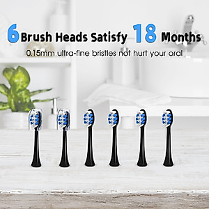 PERECT Sonic Electric Toothbrush for Adults, Rechargeable Sonic Electric Toothbrush with 6 Brush Heads, 1 Charge for 90 Days,IPX7 Waterproof 5 Modes 3 Intensities, Smart Timer, Black