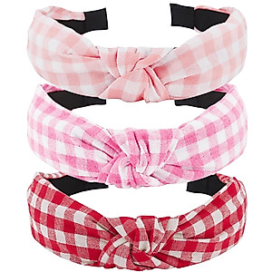 TOBATOBA Pink Headband, 3 Pack Plaid Headbands for Women Girls, Christmas Headband Hair Accessories, Pink and Red Knotted Headband for Women Top Knot Headband, Vintage Checked Headband Non Slip