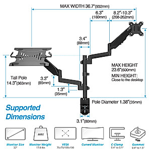 AVLT Laptop and Monitor Arm Tall Pole - Mount 15.6" Notebook and 32" Monitor on 2 Full Motion Adjustable Arms - Organize Your Work Surface with VESA Monitor Desk Mount
