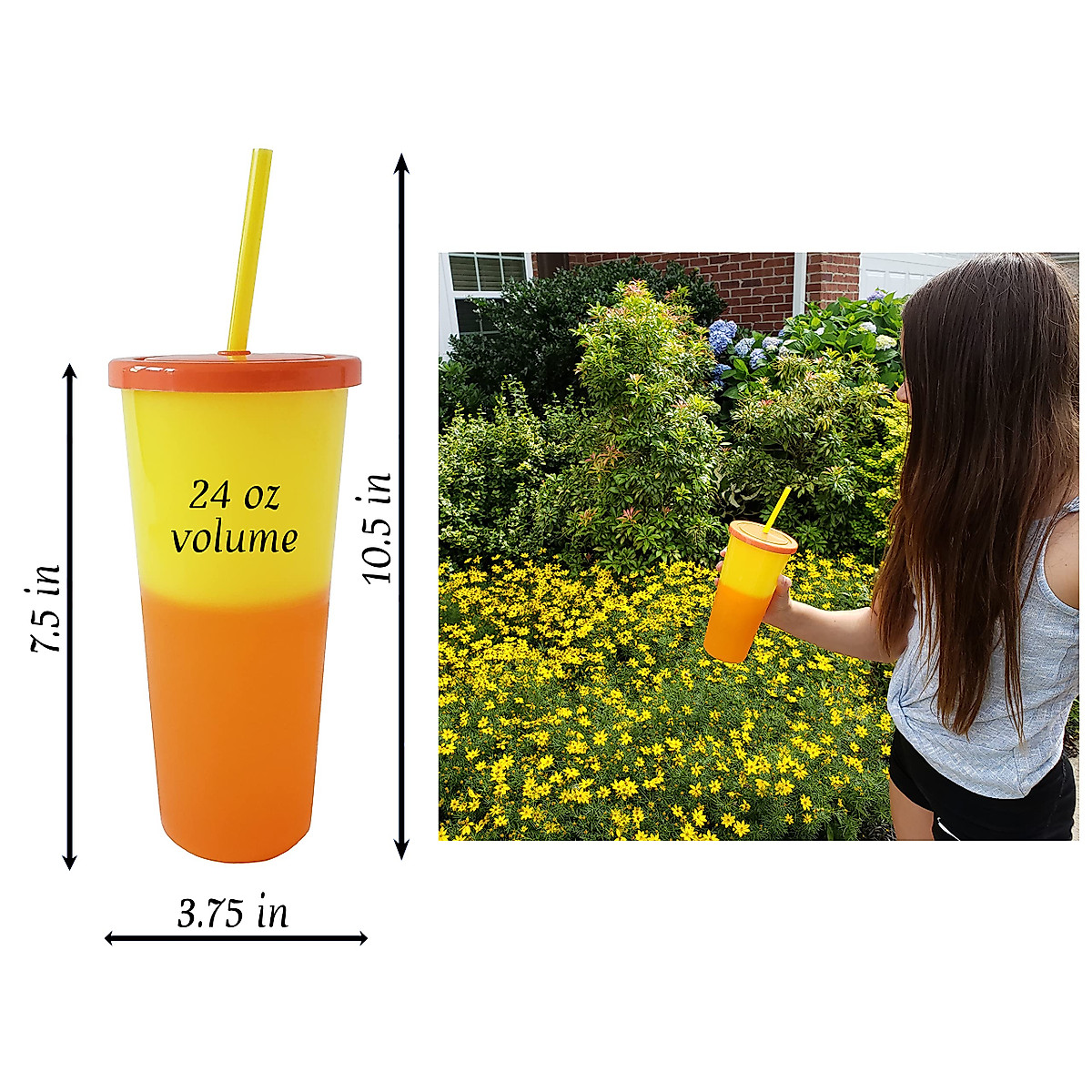 Essential Drinkware 24oz Instant Color Changing Cups Set of 4 Reusable Plastic Tumblers with Screw on Lids and Color Straws
