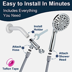 Shower Head Handheld with All Metal Showerhead Holder,High Pressure Built-in Power Wash Hand Held Showerhead with Extra Long Hose 6 ft. 10 Spray Mode Handheld Shower Head Premium Chrome 2.5 GPM