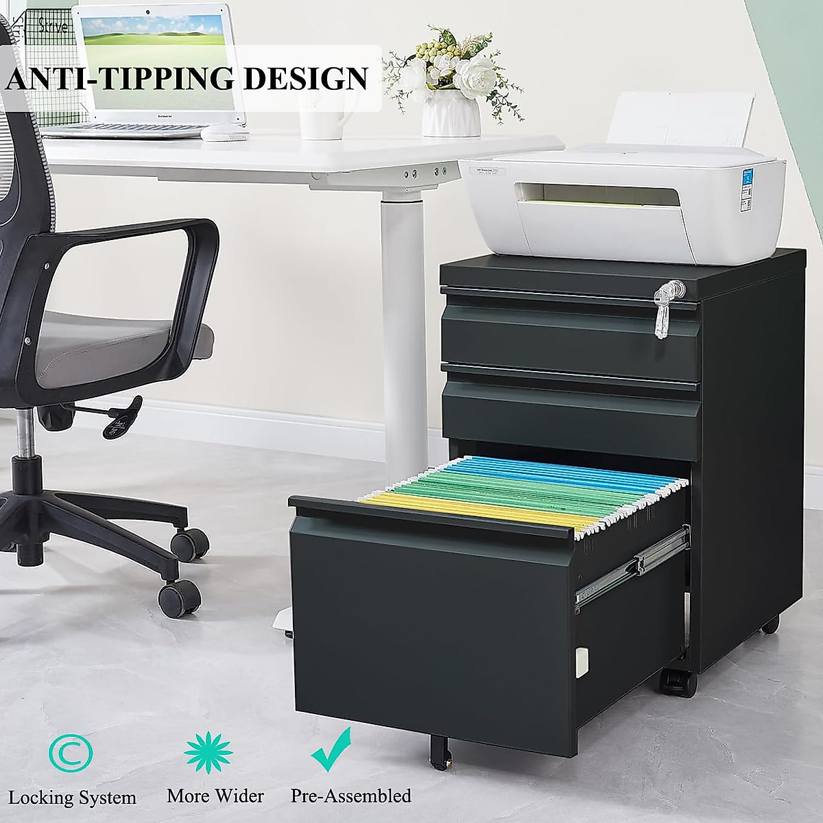 GOOGIC 3-Drawer Mobile File Cabinets Rolling Metal Filing Cabinet for Legal & Letter File Anti-tilt Design with Lock Under Desk Office Drawers Fully Assembled Except Casters Black