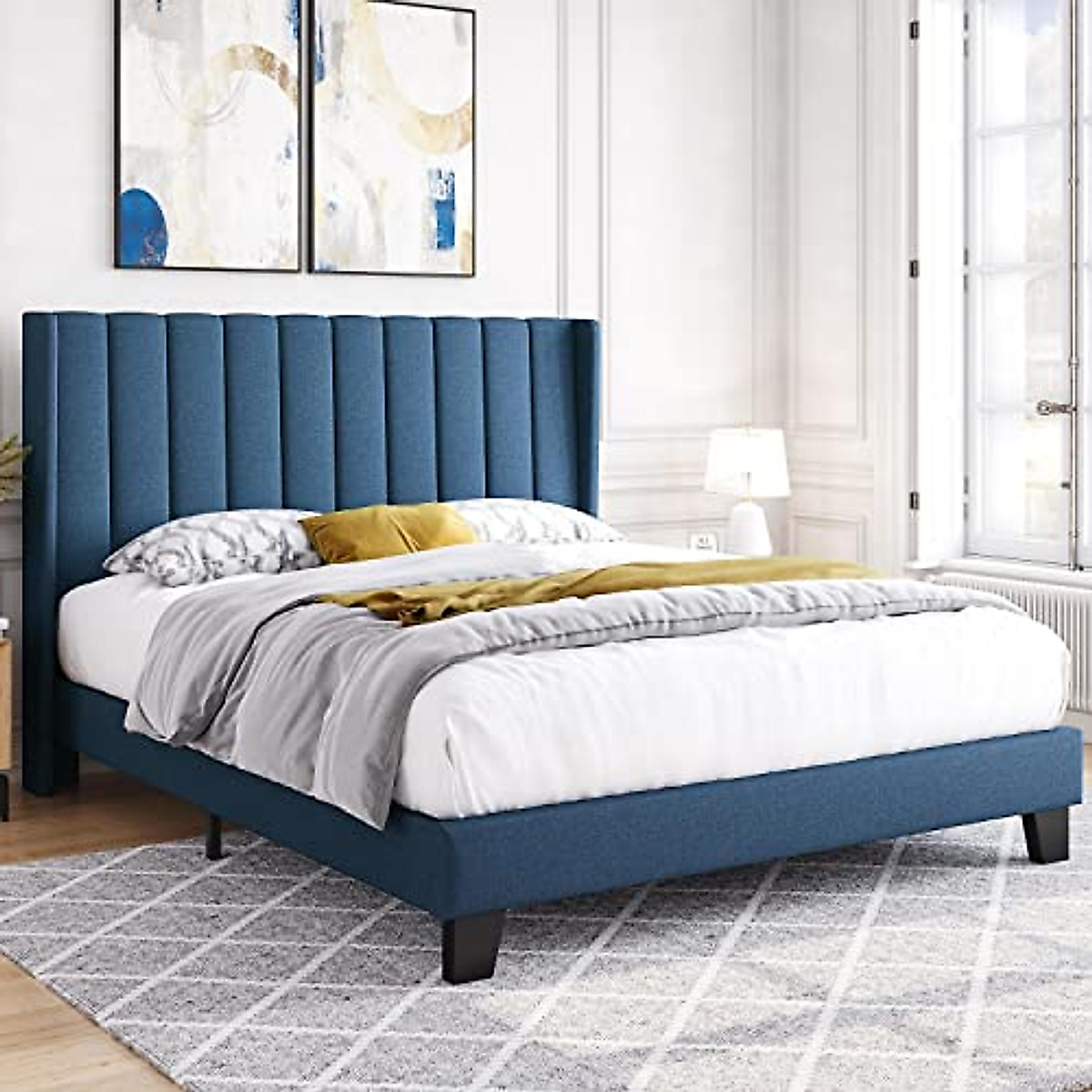 Yaheetech Upholstered Platform Bed with Wing Edge Channel Tufted Headboard Mattress Foundation/Heavy Duty Wooden Slat Support/No Box Spring Needed, Easy Assembly, Navy Blue, Queen Size