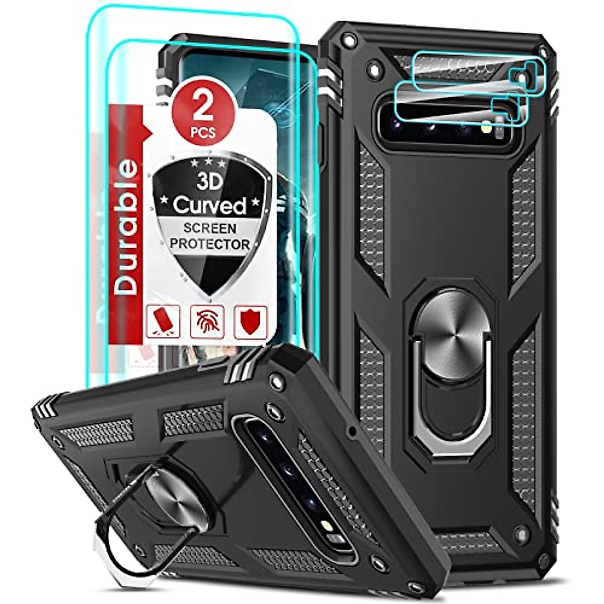 LeYi for Samsung Galaxy S10 Case [Not Fit S10 Plus], Samsung S 10 Case with [2 PCS] 3D Curved Screen Protector and Camera Lens Protector, Military-Grade Phone Case with Ring Stand for S10, Black