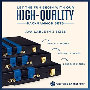 Get The Games Out Top Backgammon Set - Classic Board Game Case 15" Medium Size - Best Strategy & Tip Guide - Available in Small, Medium and Large Sizes (Blue, Medium)