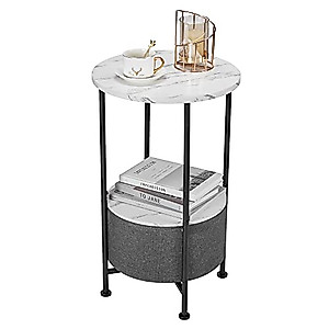 LEMONDA 26" High Marble White Round End Table with Storage,Small 2 Tiers Round Side Table with Basket for Living Room Bedroom,Round Sofa Table Nightstand Bedside Table for Small Spaces