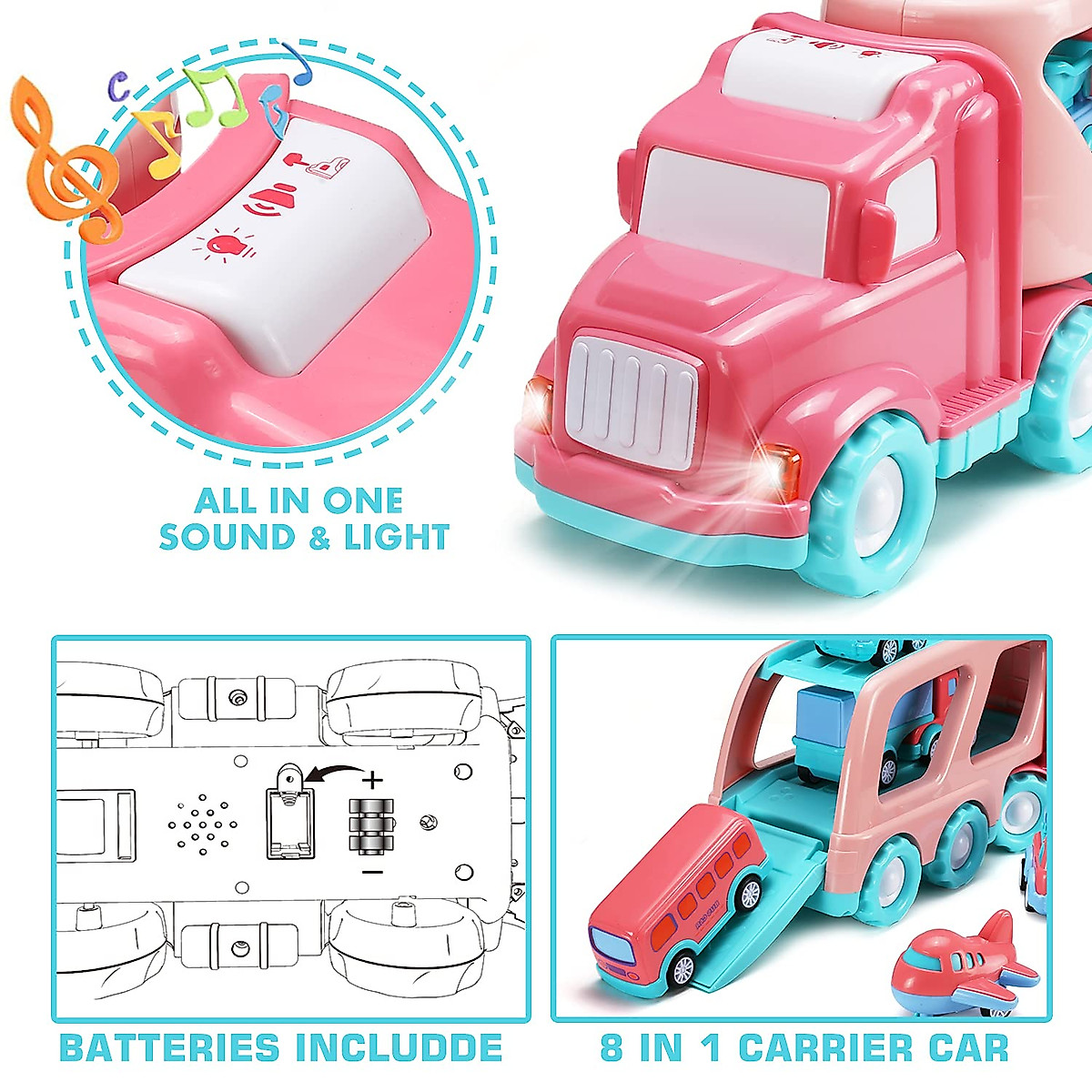 Bakatatoyz Pink Car Carrier Truck Set(9 in 1) with Lights and Sounds, Friction Powered Double Deck Container Transport Truck with 8 Mini Cartoon Pull Back Vehicles, Girls Toy for Toddler Birthday Gift