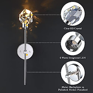 Untrammelife Indoor Wall Sconce Lighting Polished Nickel Wall Lamp 8W LED Crystal Wall Light 3 Color Temperatures Hardwired Indoor Wall Mounted Light Fixtures for Living Room,Bedroom,Bathroom