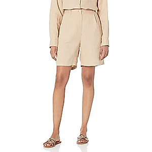 The Drop Women's Millie Loose-Fit Pleated Long Linen Walk Short, Hummus, M