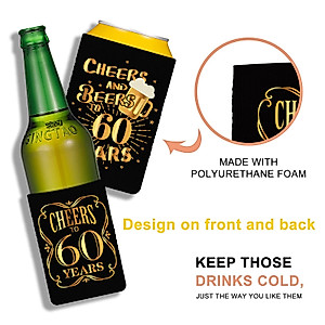 FANKUTOYS 60th Birthday Can Cooler Sleeves, Neoprene Beverage Bottle Can Sleeves - 60th Party Anniversary Decorations and 60th Birthday Gift for Men & Women, Black & Gold (12 Pcs)