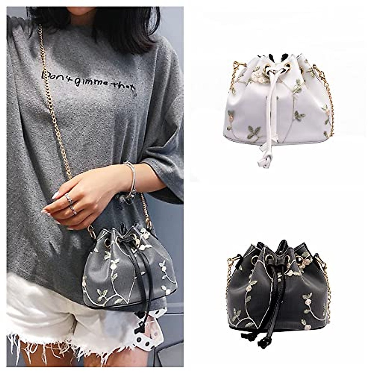 Women Crossbody Bucket Bag Mini Drawstring Shoulder Bags Travel Tote Handbags Casual Purse Satchels with Flower Embroidery