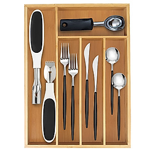 Bamboo Kitchen Drawer Organizer,Silverware Utensil Cutlery Tray, Drawer Divider with 5 Compartments,13.5" x 10" x 2.4"