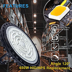 LED UFO High Bay Light, 150W 140LM/W 5000K 1-10V Dimmable,21000LM,IP65 Waterproof,UFO Highbay with 5' cable of US Plug for Commercial Bay Lighting Warehouse Workshop Wet Location, ETL Listed (Black)
