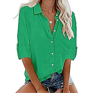Andongnywell Women's Solid Color Long Sleeve V Neck Button Cardigan Blouses Tops Button Down Shirts Blouses (Green,8,5X-Large)